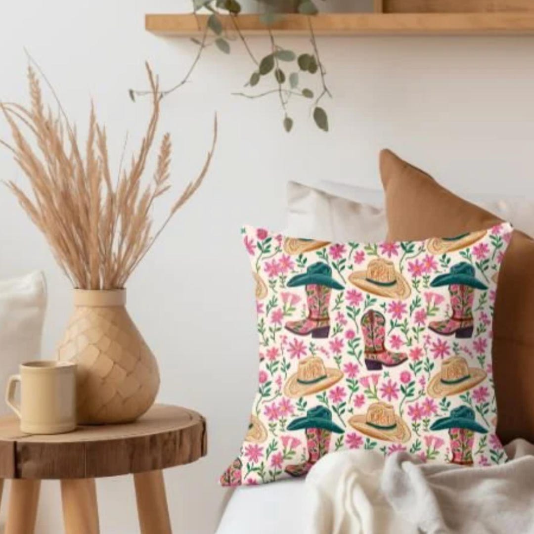 Pink Cowgirl Boots, Cowgirl Hat, Faux Embroidery Pillow, Cowgirl Floral ...