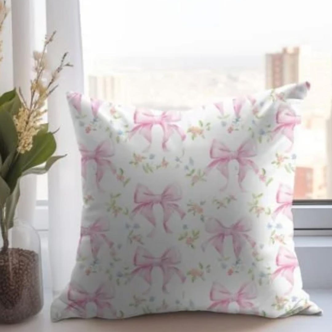 Coquette Throw Pillow, Pink Bows, Pink Floral Throw Pillow, Soft Girl ...