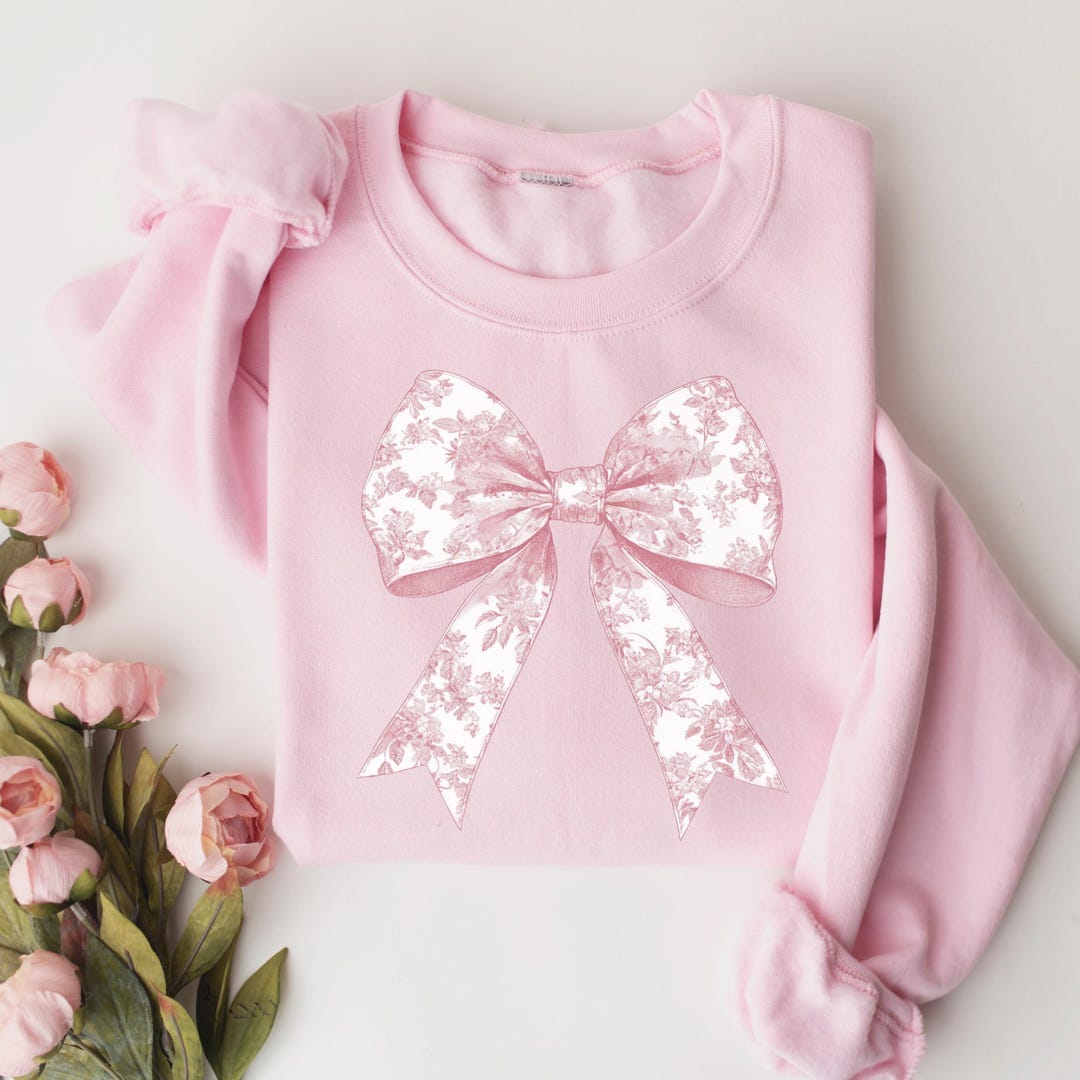 Toile De Jouy Pink Bow Sweatshirt, Coquette Girl Sweatshirt, Feminine ...