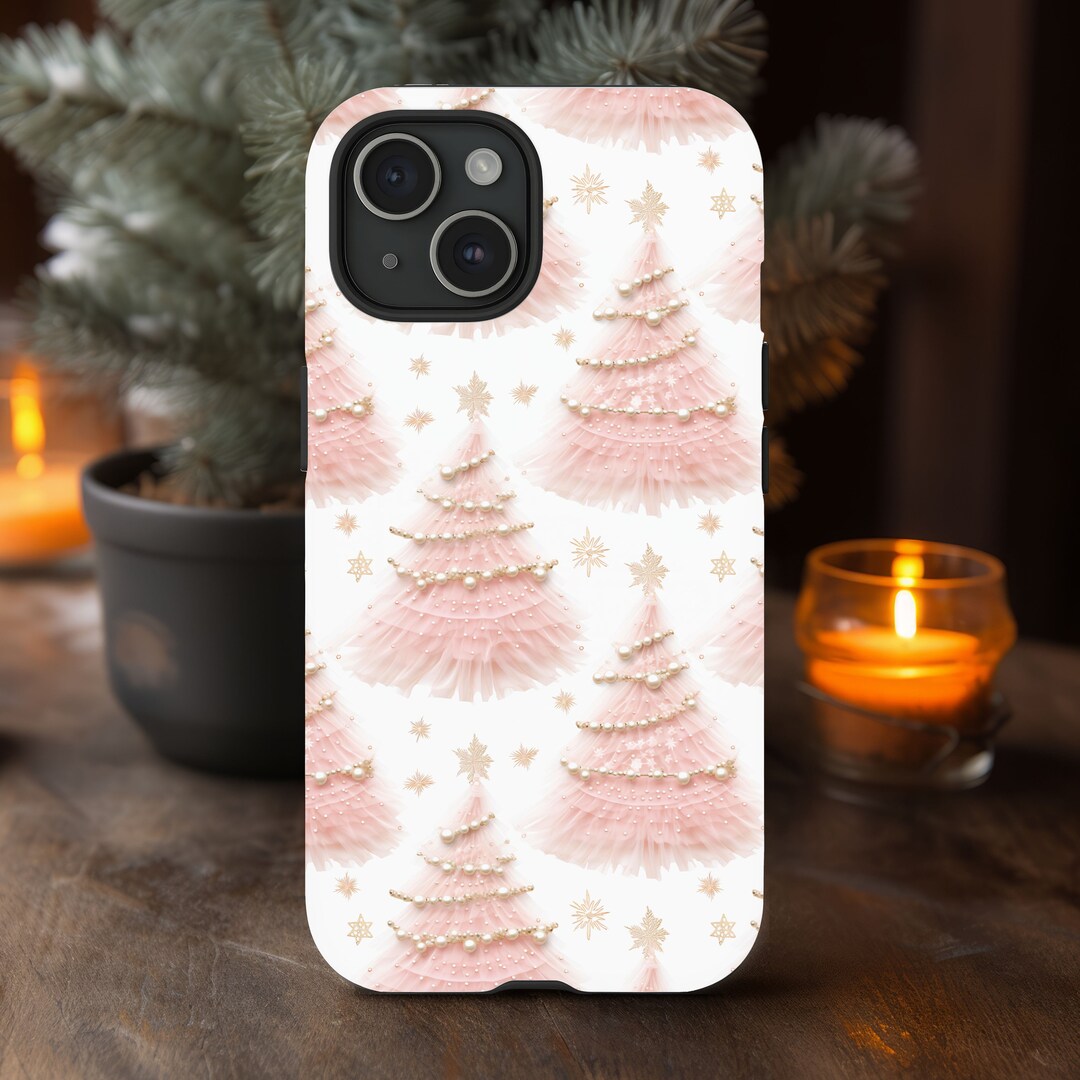3D Pink Christmas Phone Case, Pink Tulle Faux Embroidery Christmastrees ...