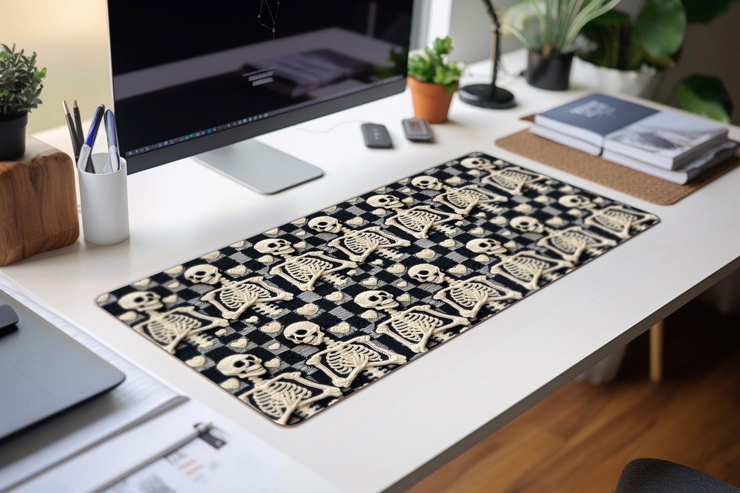Faux Embroidered Skeletons Desk Mat, Goth Gifts, Spooky Desk Pad ...