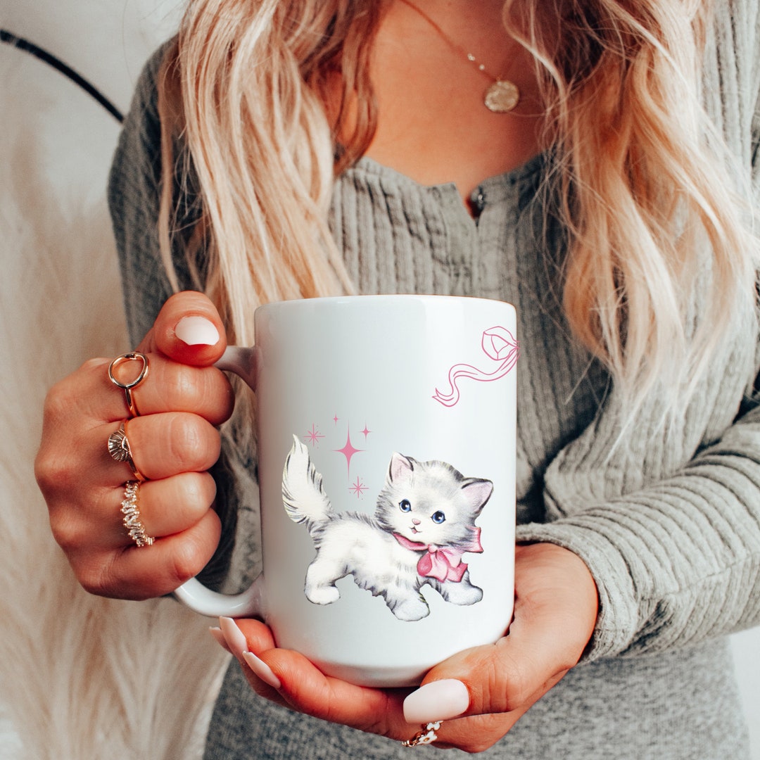 Coquette Kitten Mug, Coquette Cat Mug, Cute, Vintage White Kitten, Pink ...
