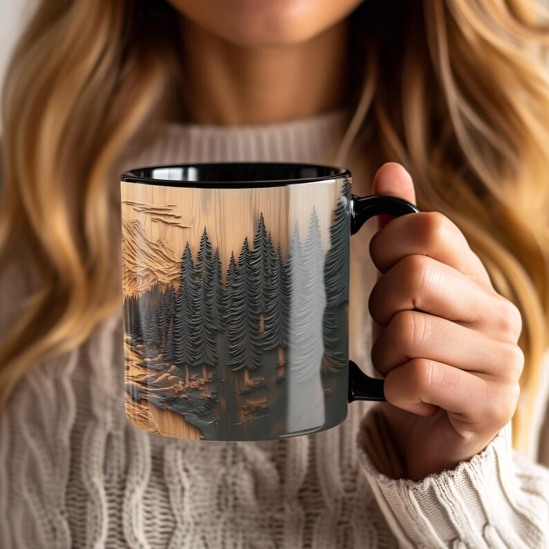 3D Mountains and Trees Mug Carved Wood Effect Nature Coffee Mug Pine ...