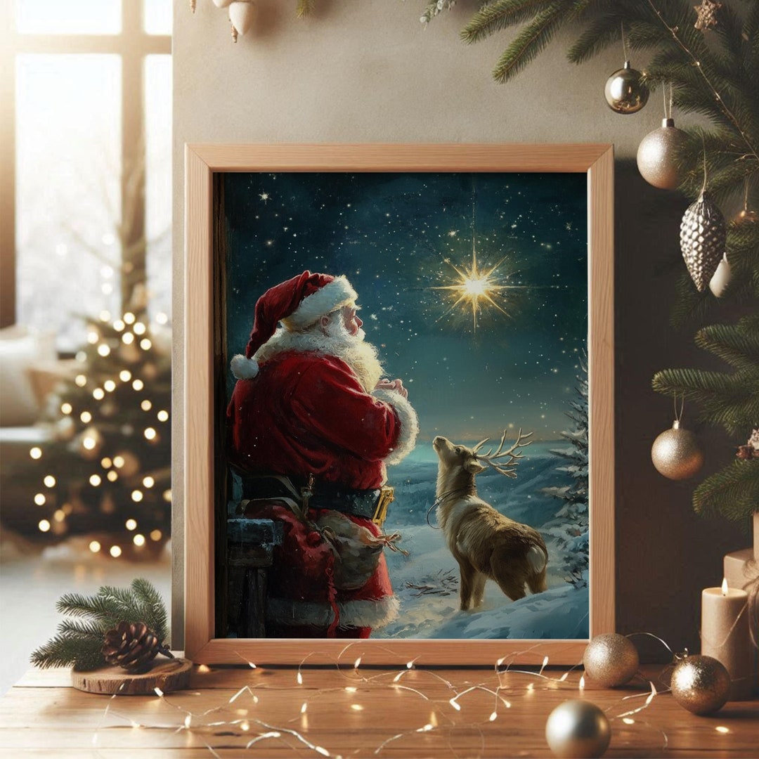 Santa Praying Matte Vertical Poster, Christmas Star Snow Trees Reindeer ...