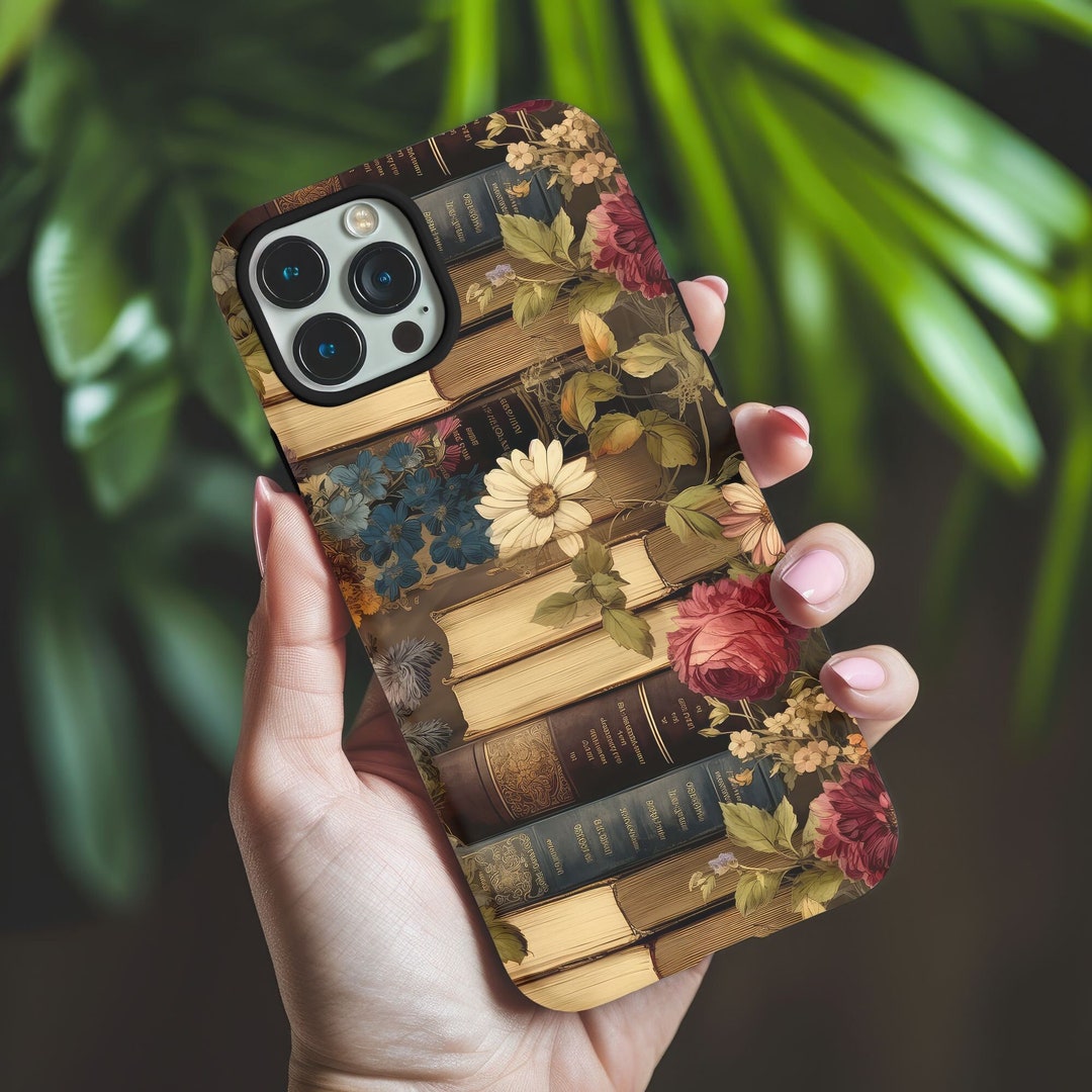 Vintage Books With Flowers Cell Phone Case, Bookshelf Floral Bookworm ...