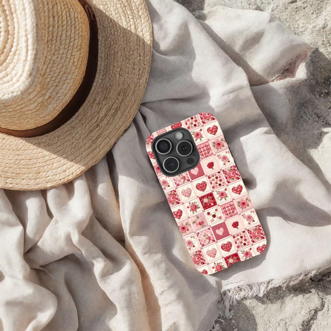 Coquette Phone Case, Faux 3D Quilted Phone Case, Pink, Red Roses Hearts ...