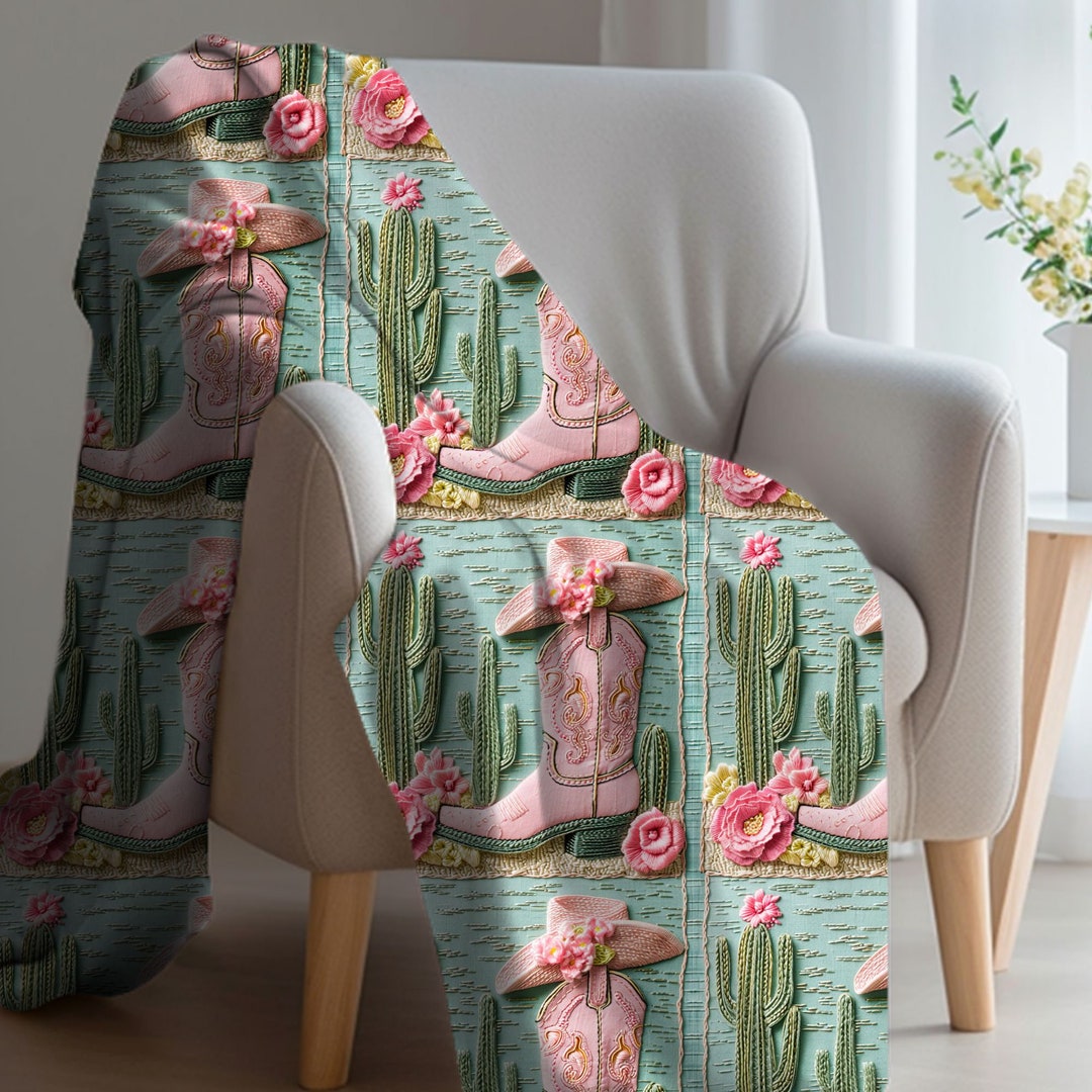 Cowgirl Pink Boots, Cowgirl Pink Hat, Faux Embroidered Blanket, Cowgirl ...