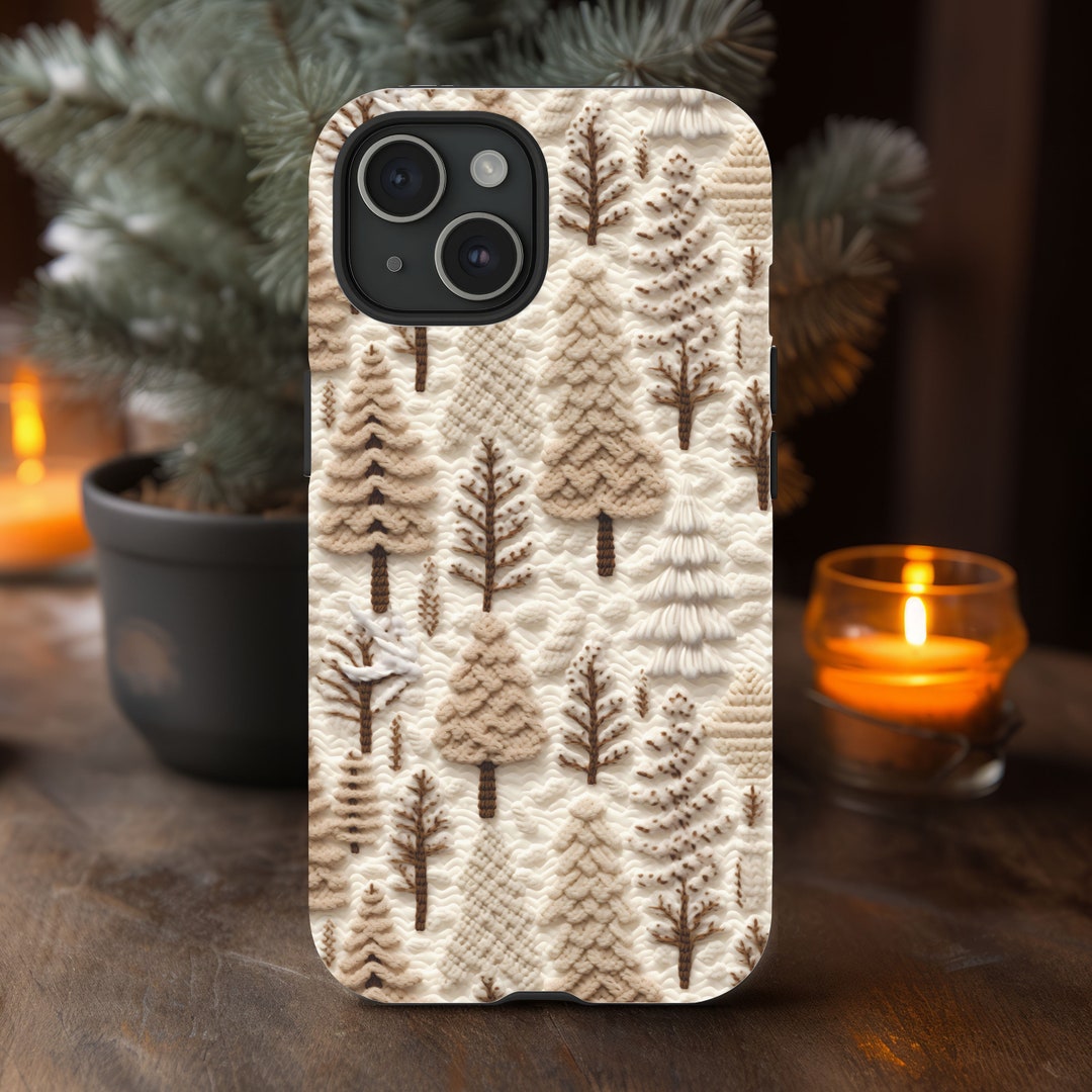 Arbres de Noël neutres 3 D Faux Étui de téléphone de broderie, Cottage ...