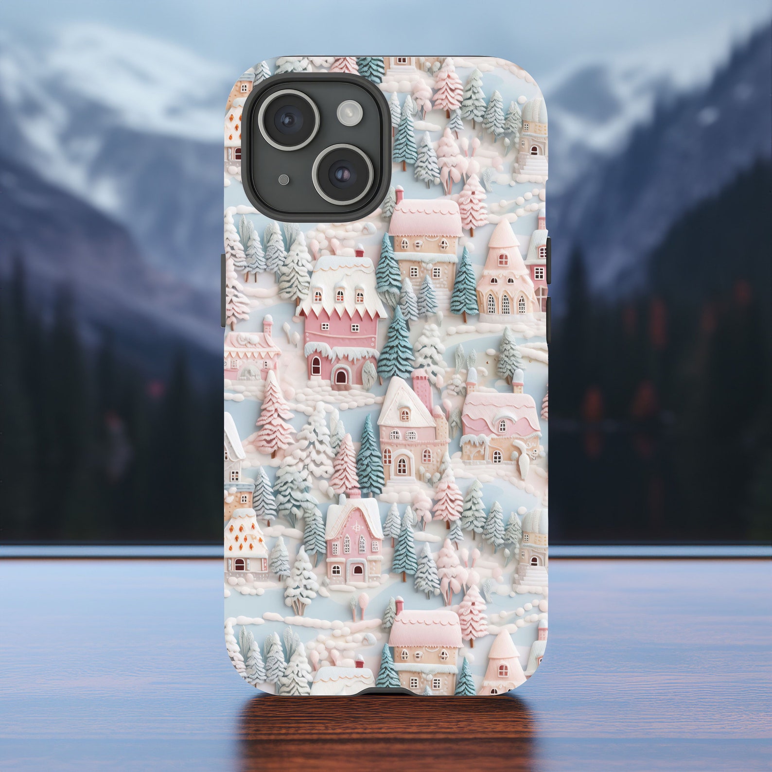 Pastel Christmas Village, 3D Phone Case, Cozy Winter Village, Holiday ...