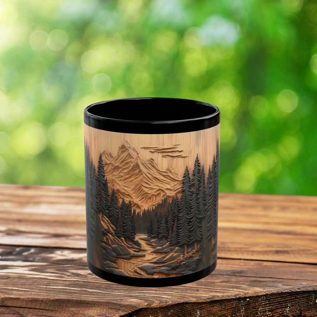 3D Mountains and Trees Mug Carved Wood Effect Nature Coffee Mug Pine ...