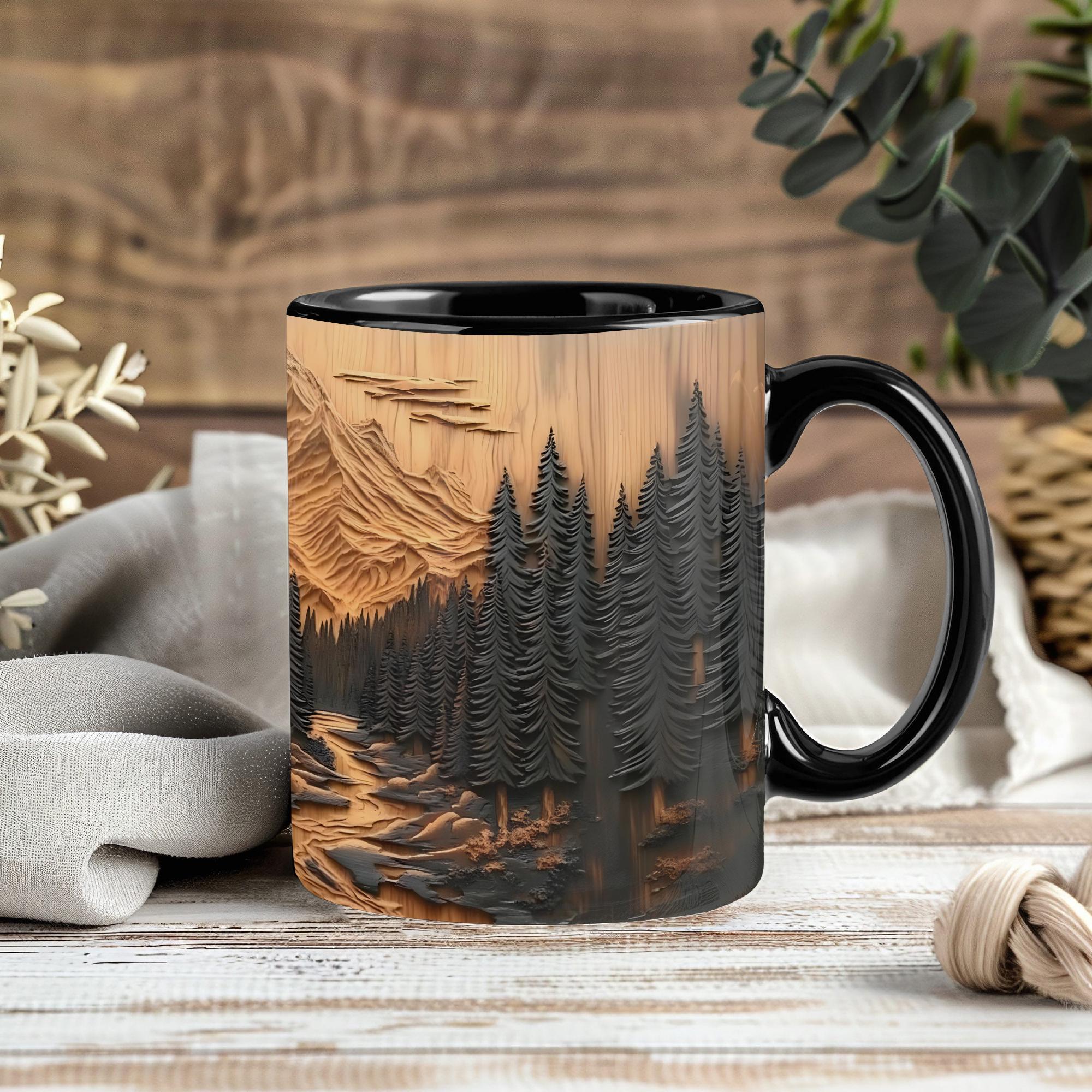 3D Mountains and Trees Mug Carved Wood Effect Nature Coffee Mug Pine ...