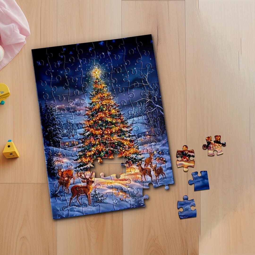 Christmas Puzzle Snowy Field Christmas Tree Decorated and Glowing With ...