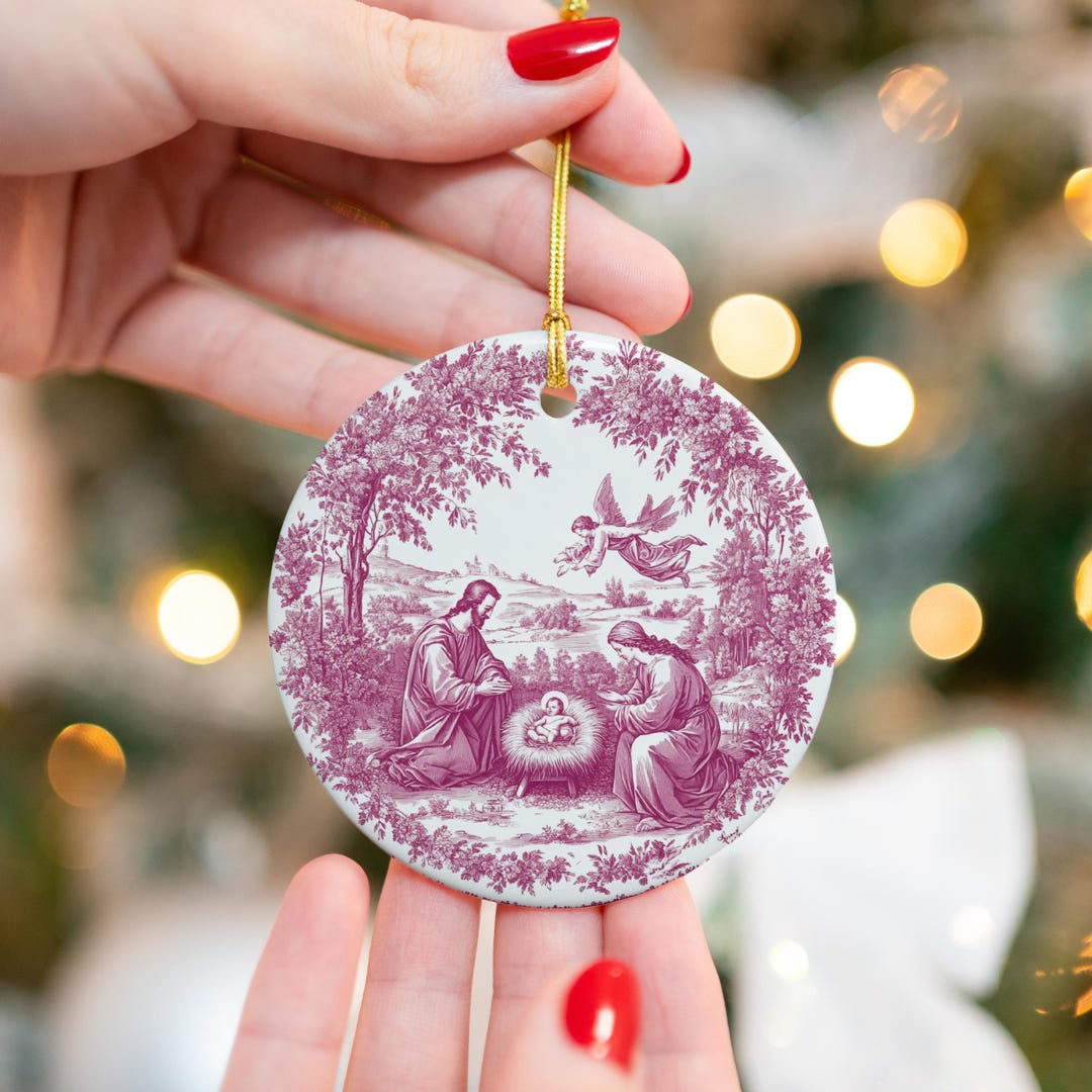 Nativity Christian Ornament, Pink Toile De Jouy Christmas Ornament ...