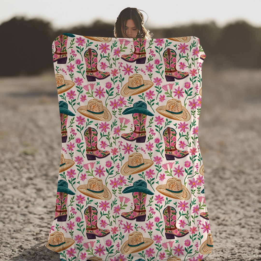 Pink Cowgirl Boots, Cowgirl Hat, Faux Embroidery Blanket, Cowgirl ...
