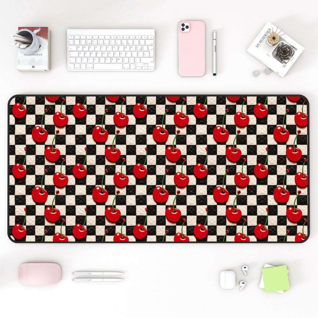 Trendy Retro Cherries Checkerboard Faux Embroidery Desk Mat, Vintage ...