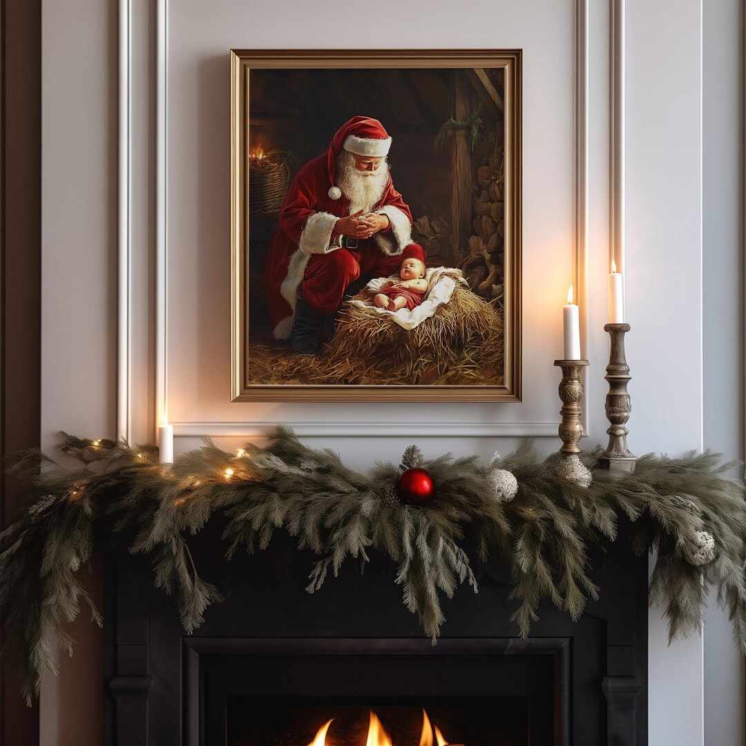 Santa and Baby Jesus Nativity Poster Christmas Wall Art Santa Kneeling ...