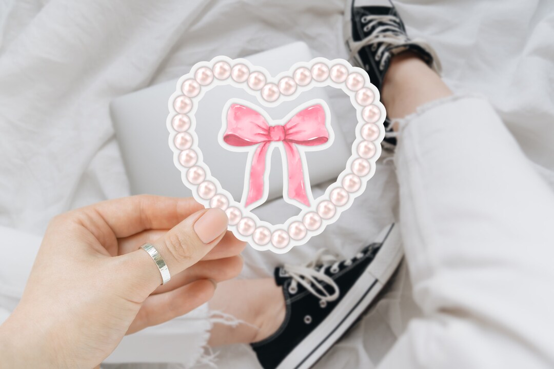 Coquette Sticker, Heart Shape Pearls, Pink Bow Sticker, Coquette Decal ...