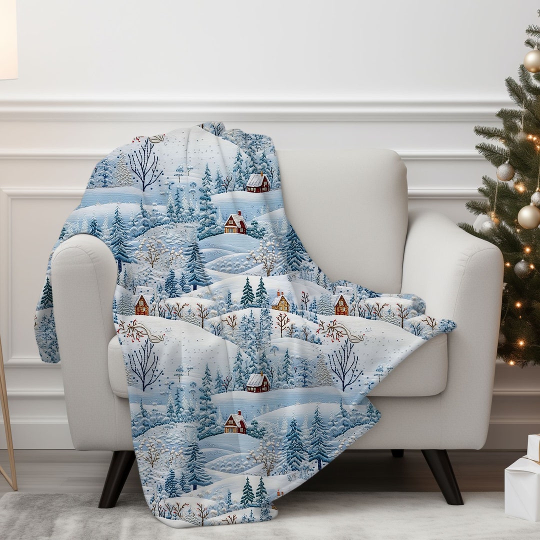 3D Winter Village Faux Embroidery Blanket, Snow, Christmas Village ...