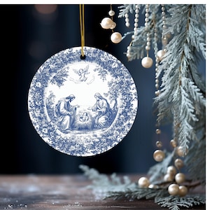 Christian Ornament, Nativity Blue Toile De Jouy Christmas Ornament ...