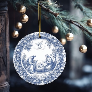 Christian Ornament, Nativity Blue Toile De Jouy Christmas Ornament ...