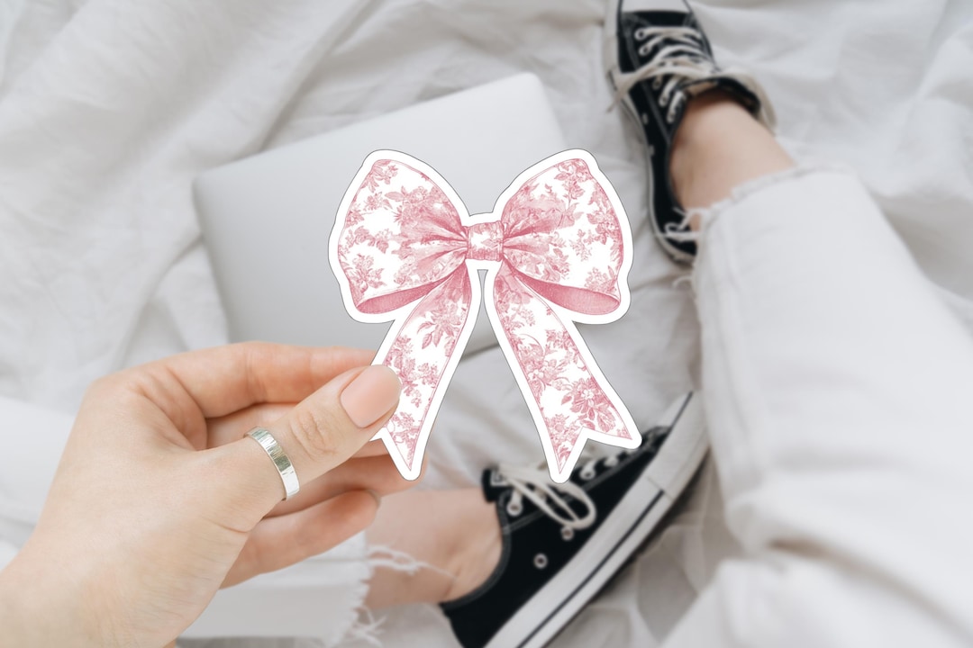 Coquette Sticker, Pink Bow Kiss Cut Sticker, Toile De Jouy Kindle ...