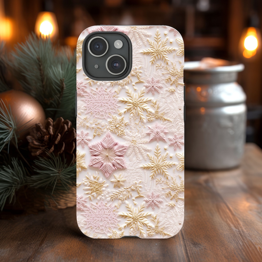 Pink and Gold Toned Snowflakes Phone Case, 3D Embroidered Print ...