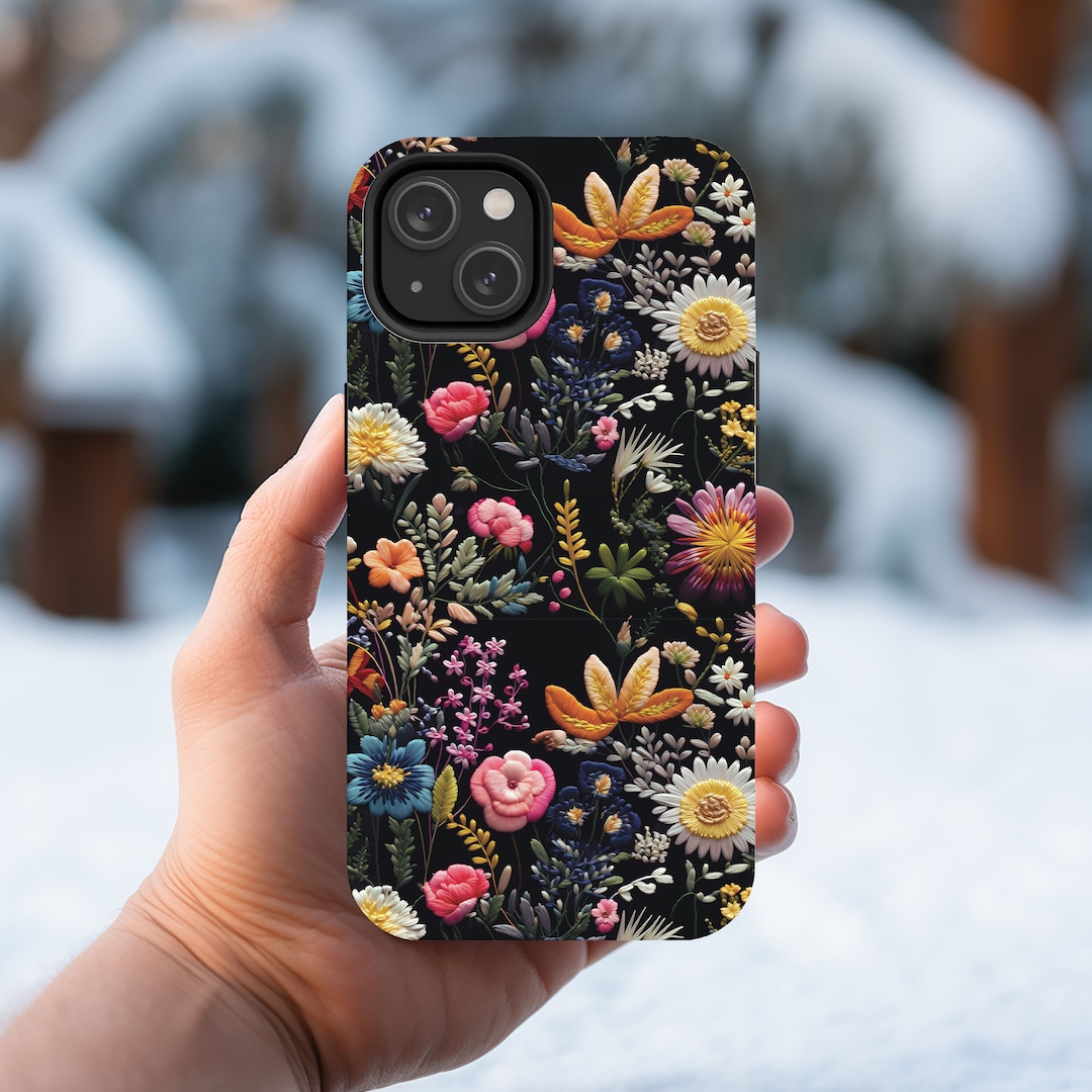 Dark Cottage-core Phone Case, Wildflower Phone Case, 3D Faux Embroidery ...