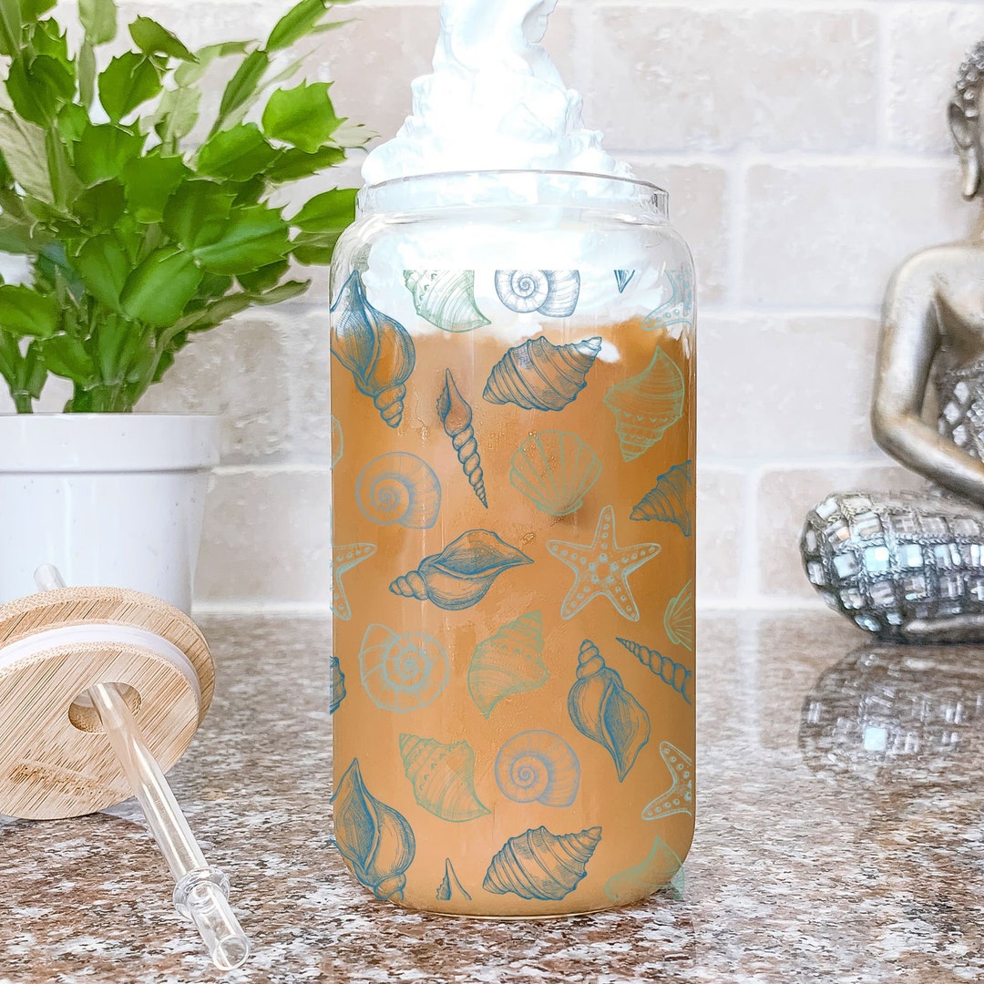 Blue Seashell Glass Cup, Beachy Glass Cup, Beach Summer 16 Oz Cute ...