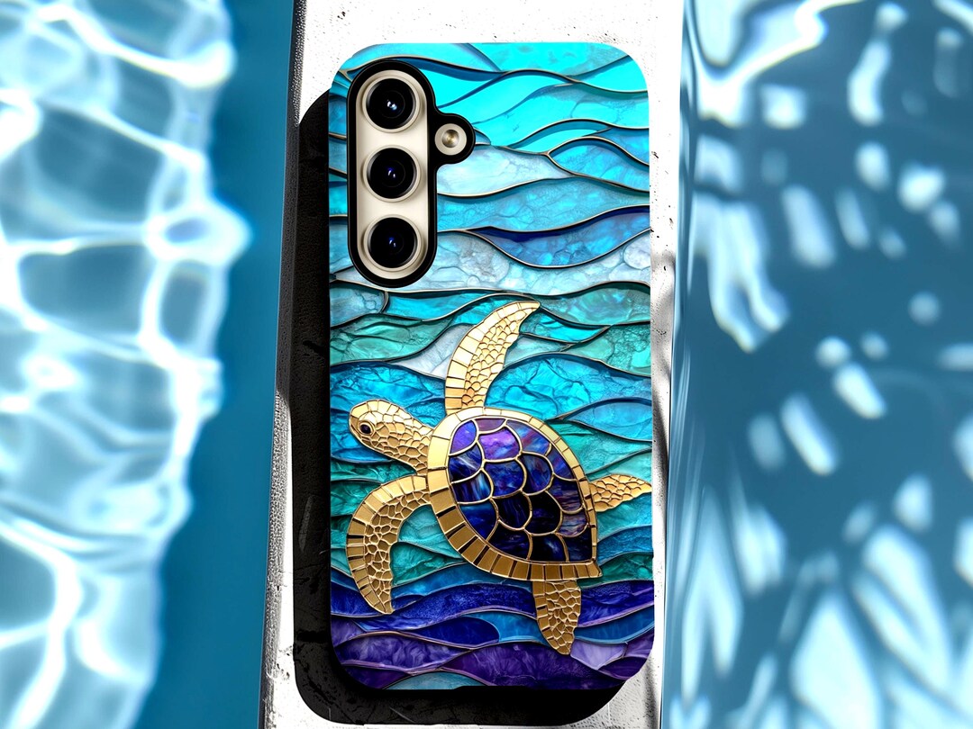 Sea Turtle Faux Stained Glass Samsung Case, Ocean Phone Case, Blue ...