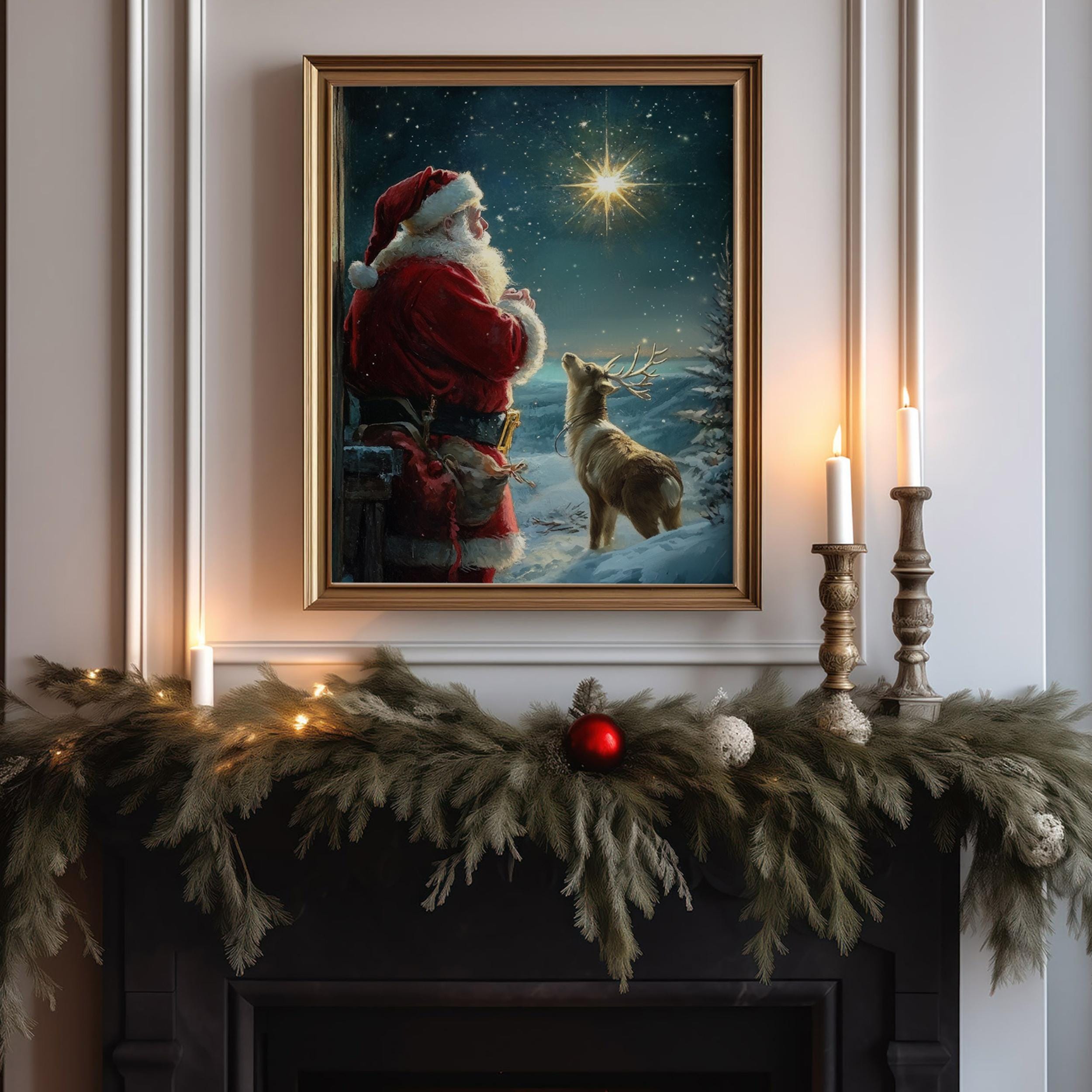 Santa Praying Matte Vertical Poster, Christmas Star Snow Trees Reindeer ...