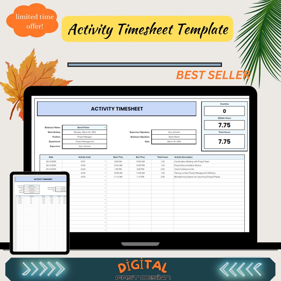 Activity Timesheet Template, Editable Daily Tracker, Digital Download ...
