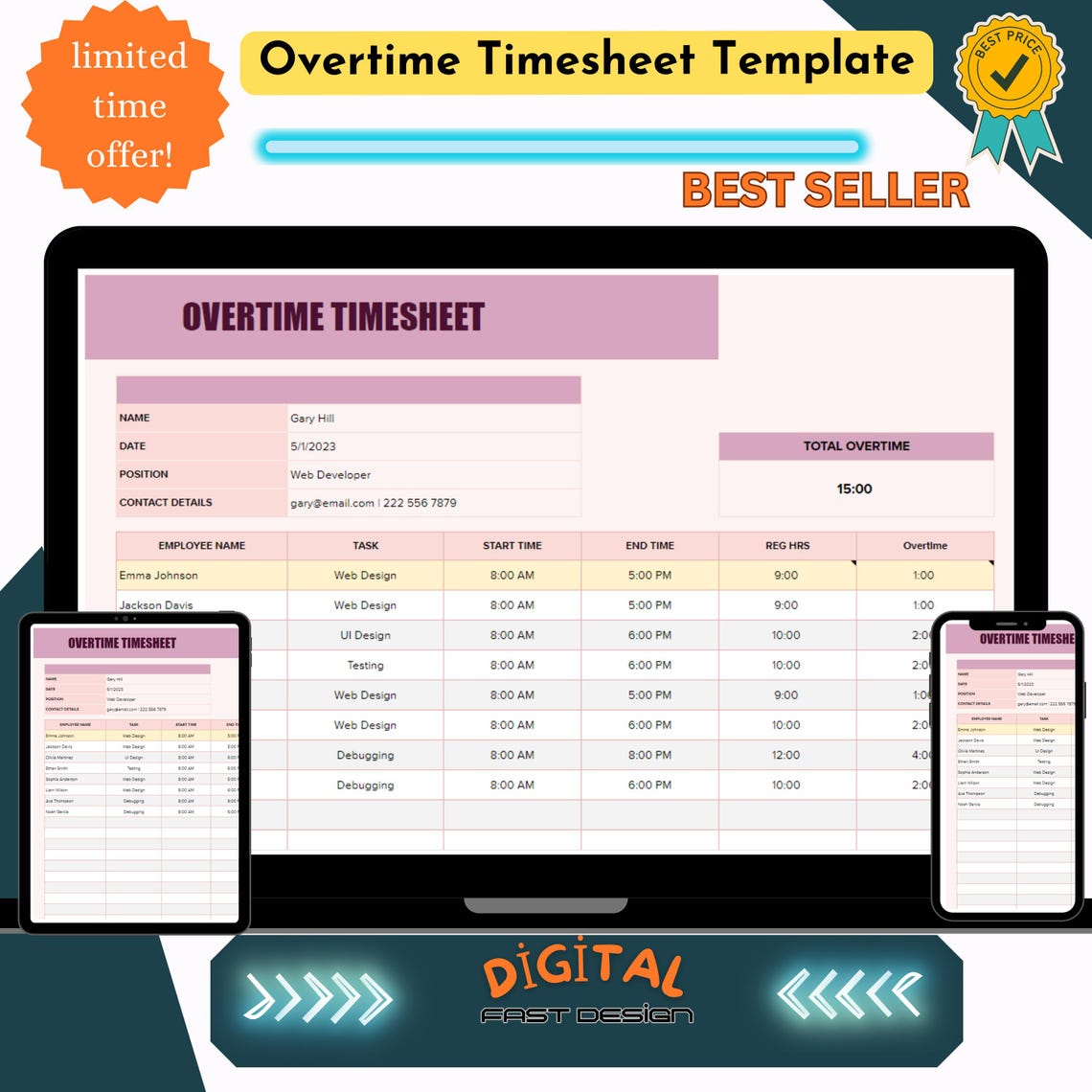 Overtime Timesheet Template, Google Sheets Tracker for Small Business ...