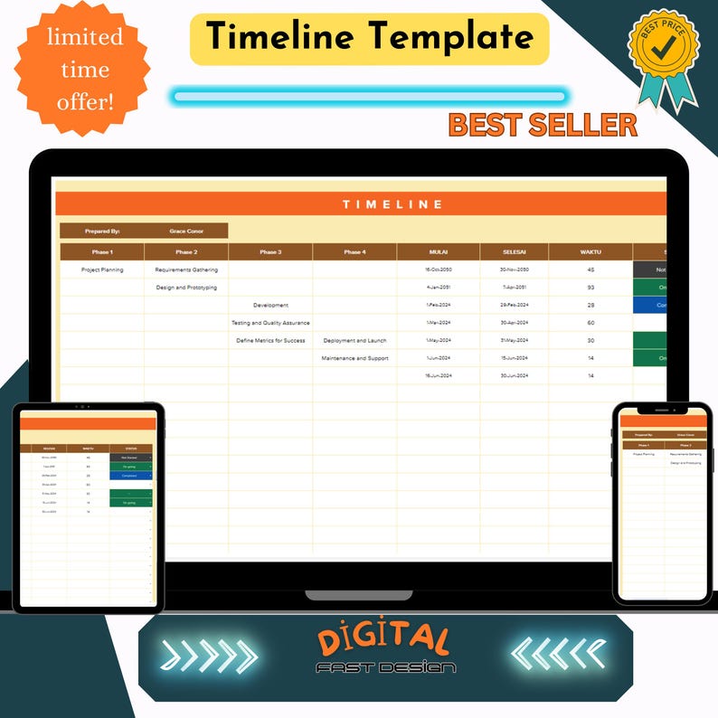 Timeline Template, Google Sheets Planner for Project Managers, Task ...