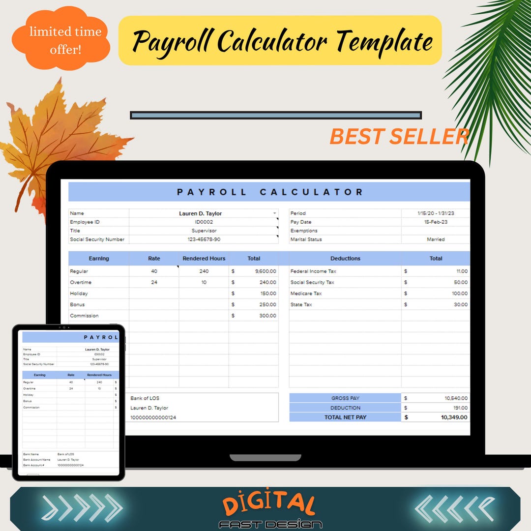 Payroll Calculator Template, Digital Download, Editable Google Sheets ...