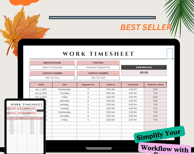 Work Timesheet Template, Digital Download, Editable Google Sheets, Easy ...