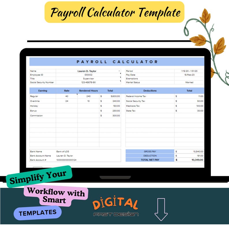 Payroll Calculator Template, Digital Download, Editable Google Sheets ...