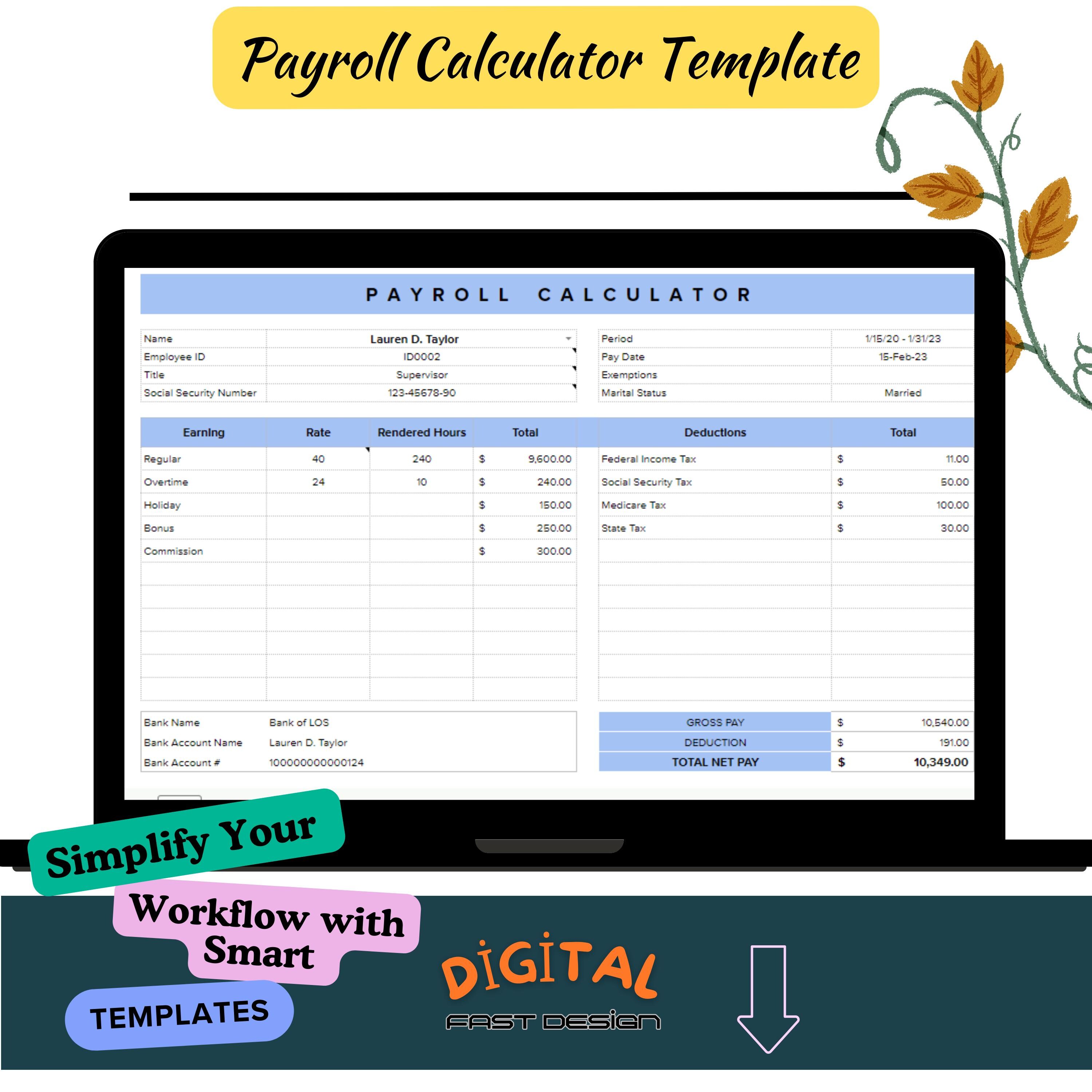 Payroll Calculator Template, Digital Download, Editable Google Sheets ...