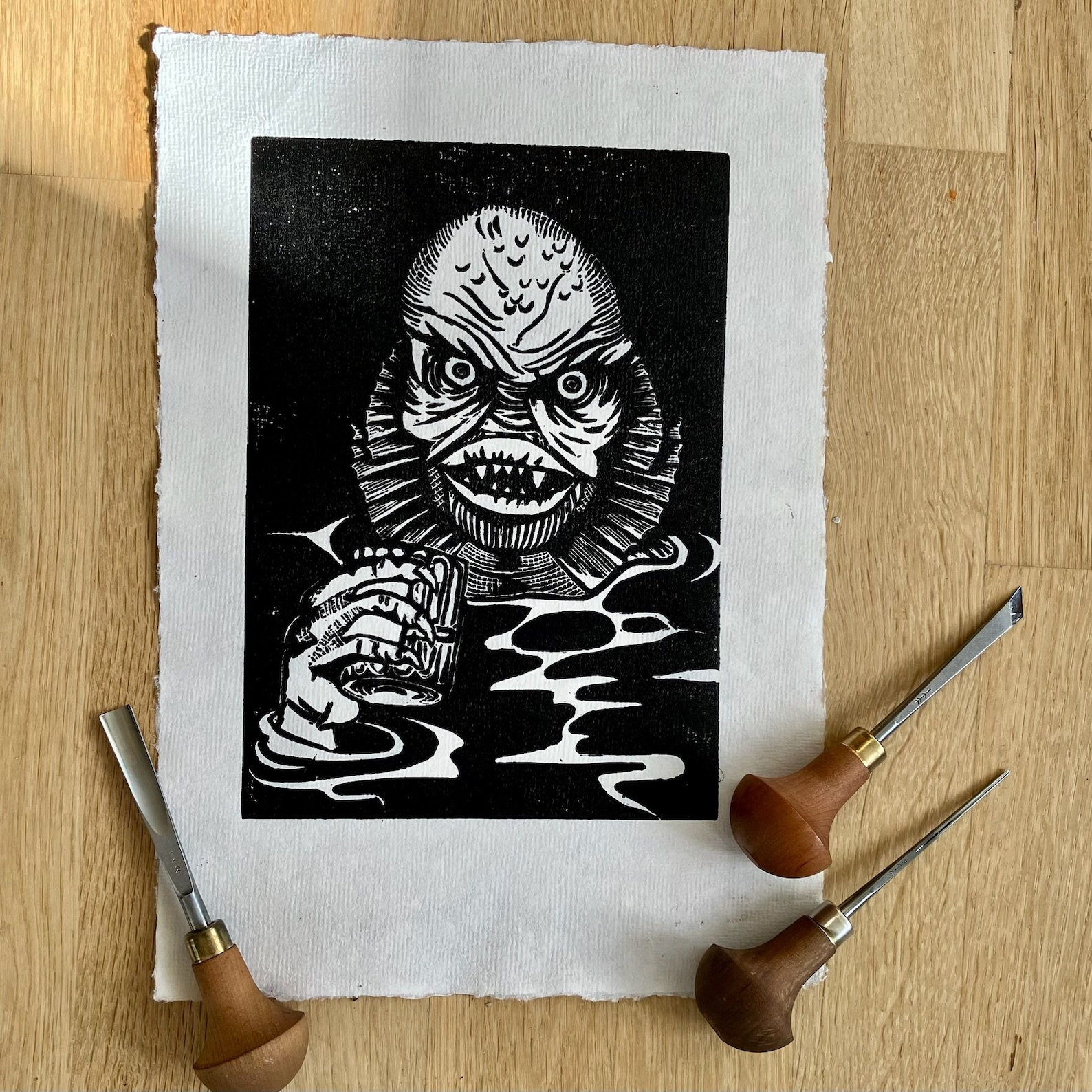 Lino Print Wall Poster creature of the Black Lagoon, Handmade, Limited ...