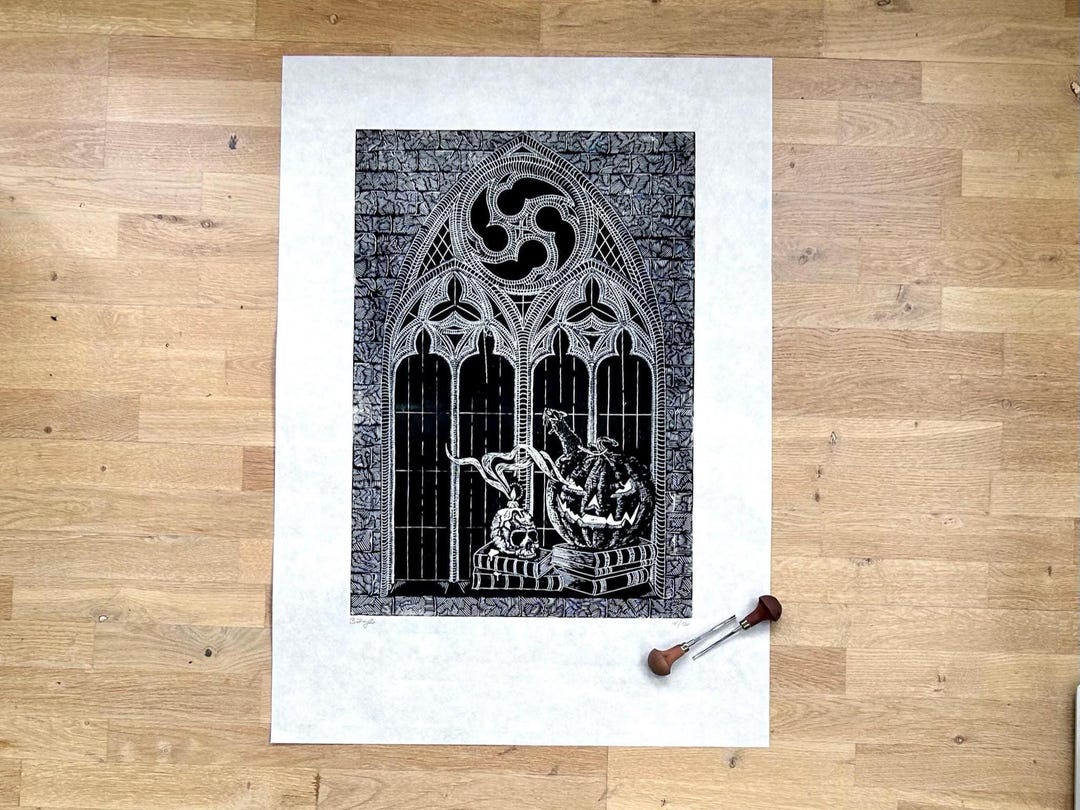 Halloween Linocut "spooky Time" - Gothic Art Print With Pumpkin, Mouse ...