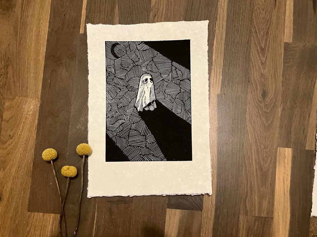 Ghost Linocut Poster: Handmade Gothic Wall Decor, Black and White - Etsy