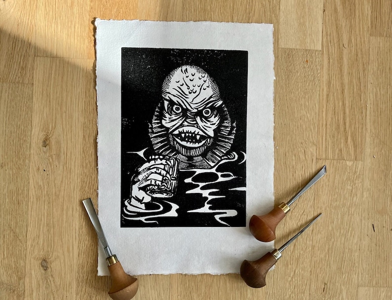 Lino Print Wall Poster creature of the Black Lagoon, Handmade, Limited ...