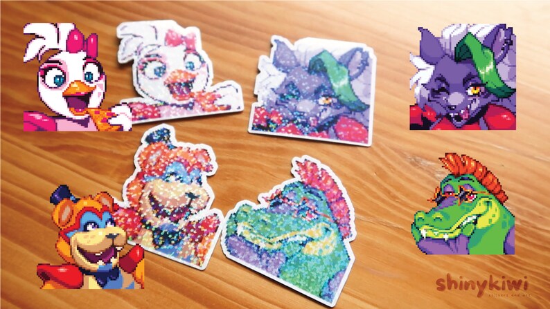 FNAF Pixel Art Stickers Glamrock Freddy, Monty, Roxy, Chica Holographic ...
