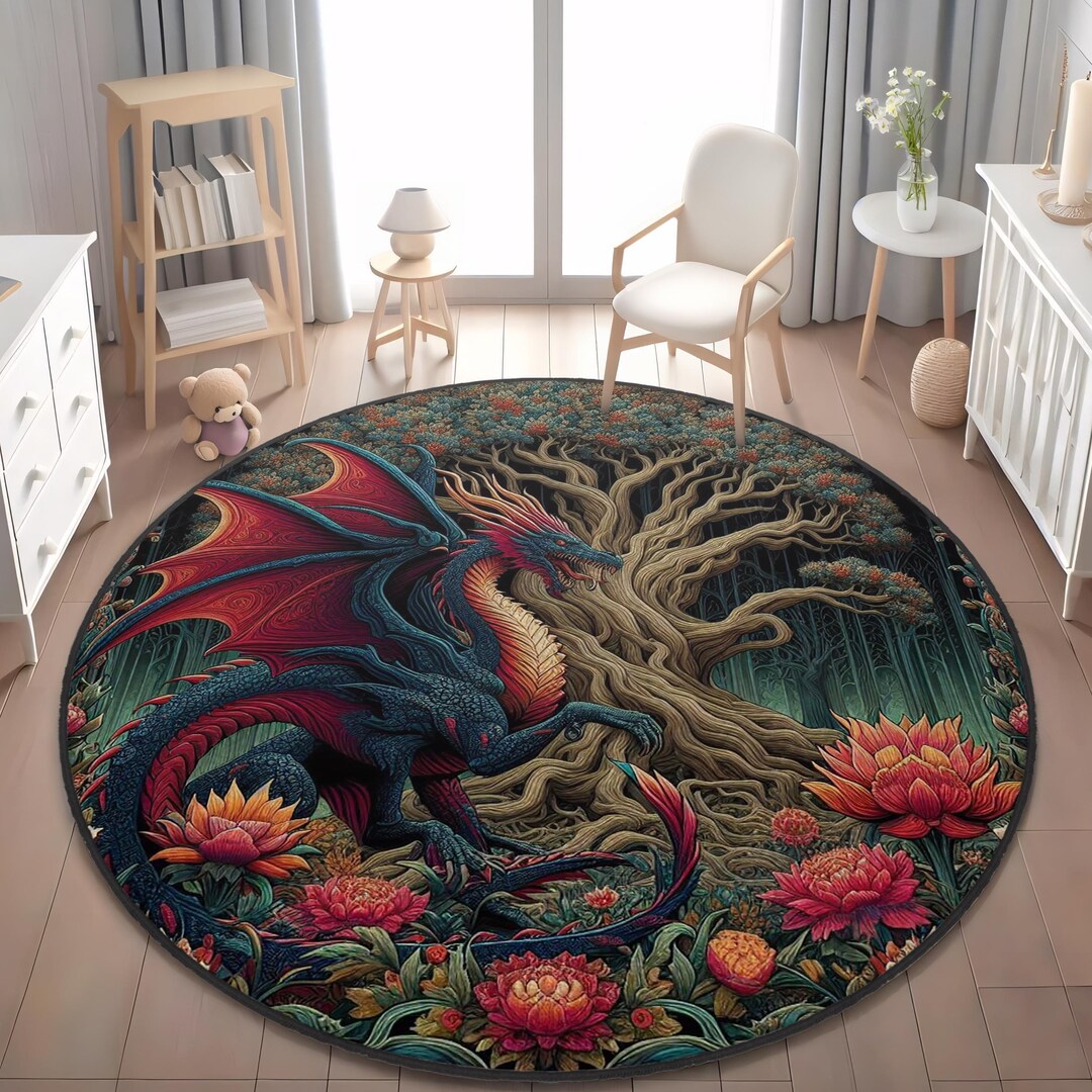 Dragon Pattern Rug,floral Gothic Rug, Black Floral Rug, Gothic Home Rug ...