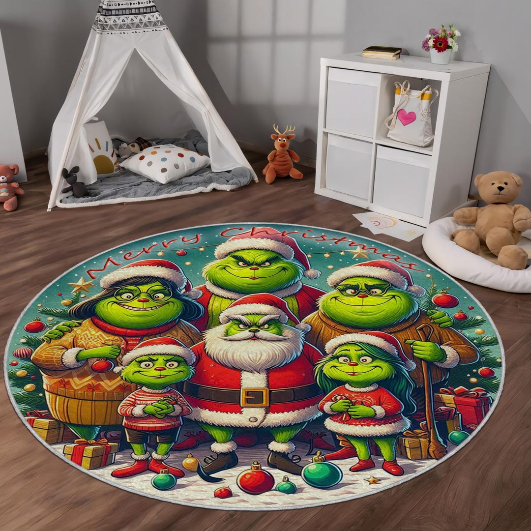 Grinchy Family Holiday Rug Green Scrooge Rug, Santa Themed Kids Room ...