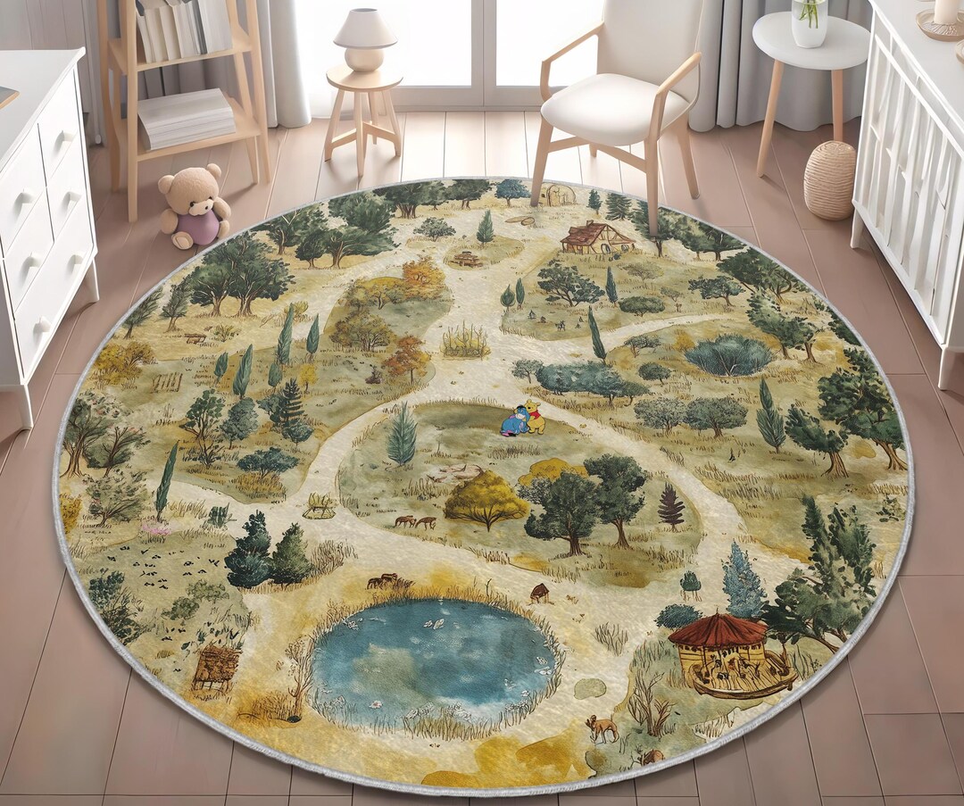 Winnie the Pooh Rug Woodland With Cute Village, Pooh Bear Kids Bedroom ...