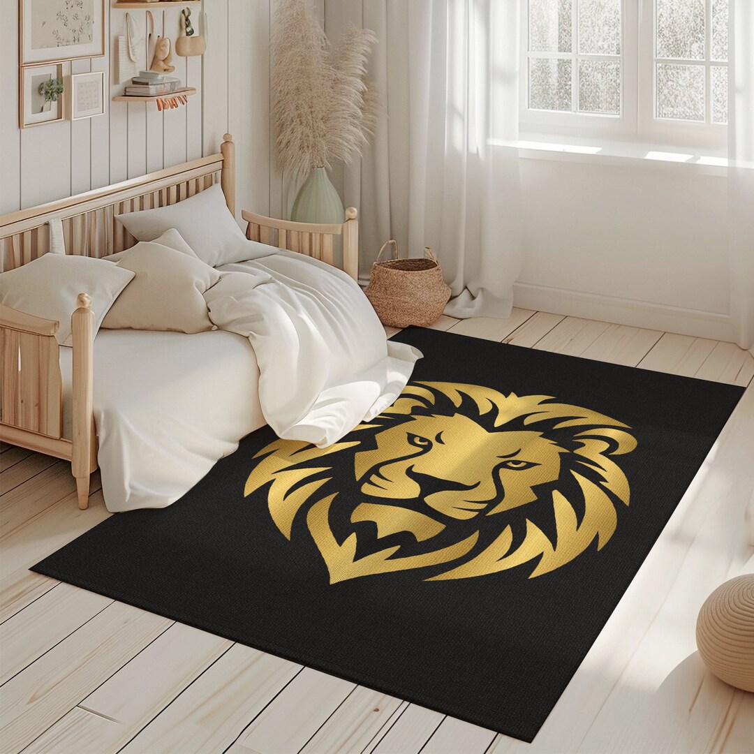 Lion Area Rug Golden Lion Aesthetic Rug Boho Black Rug Living Room ...