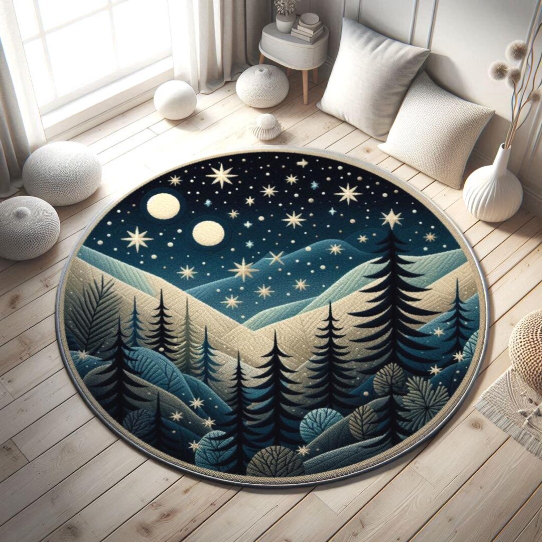 Round Night Stars Rug Woodland Landscape Carpet With Mountain Ranges ...