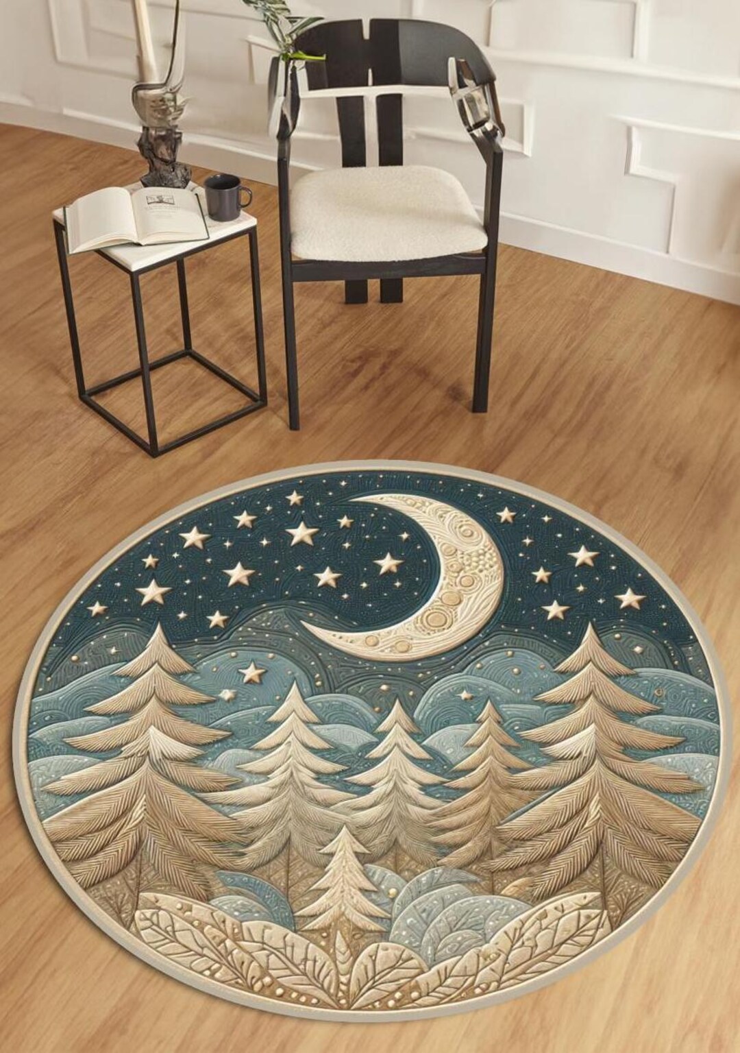 Celestial Crescent Moon Rug, Pine Trees Rug, Stars Rug, Cozy Nature ...