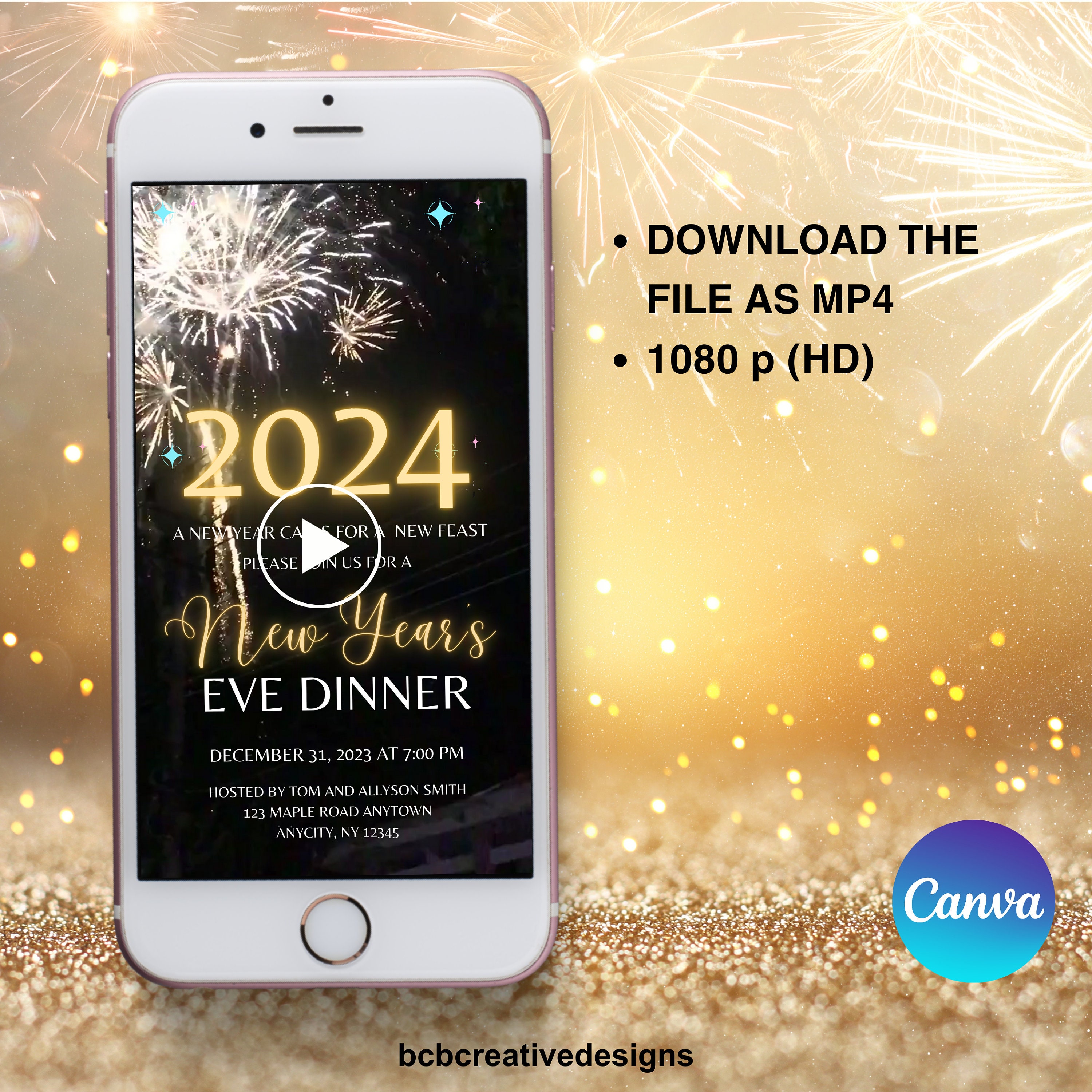 EDITABLE New Year's Eve Dinner VIDEO Invitation, 2024 New Year's Eve ...