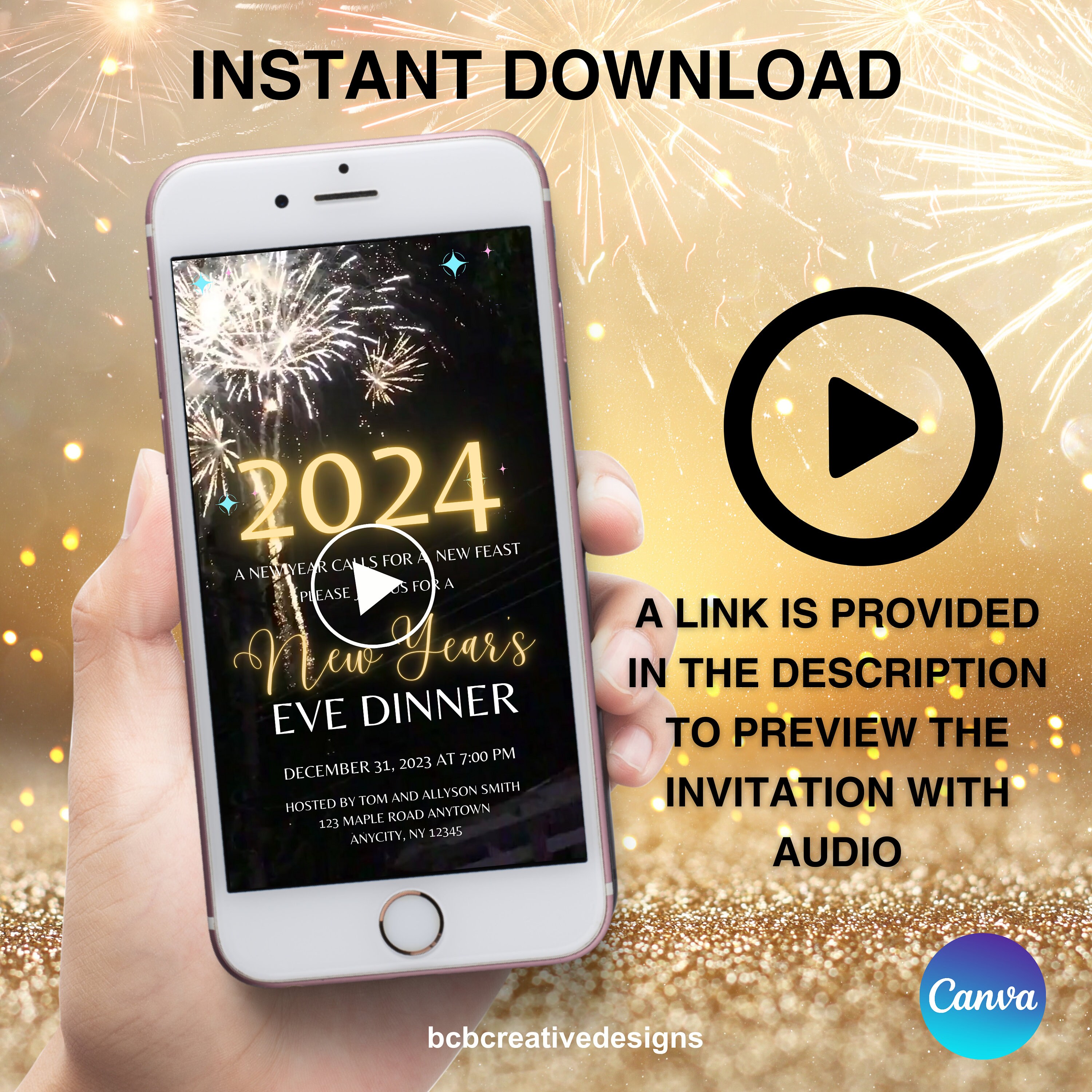 EDITABLE New Year's Eve Dinner VIDEO Invitation, 2024 New Year's Eve ...